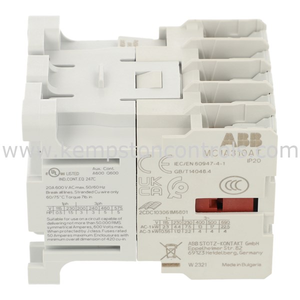 ABB MC1A310AT1 ABB CONTACTOR, 3 POLE, 9A, 24VAC, 50/60HZ, 3 NO, SCREW TERMINALS | Kempston Controls
