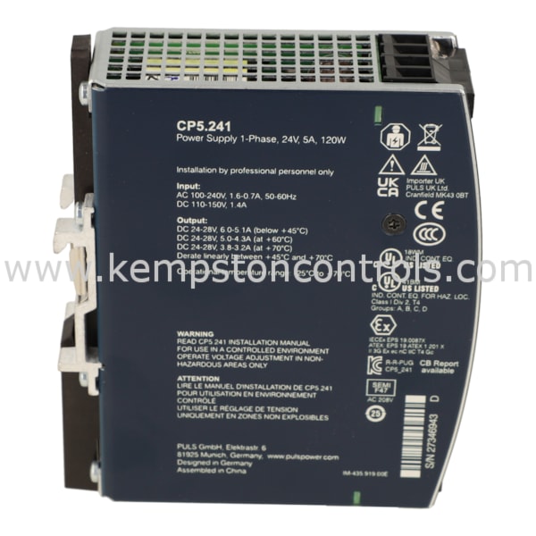 Puls CP5.241 PULS DIN-RAIL POWER SUPPLY, FOR 1-PHASE SYSTEM, 24V, 5A, AC 100-240V, 24-48VDC ...