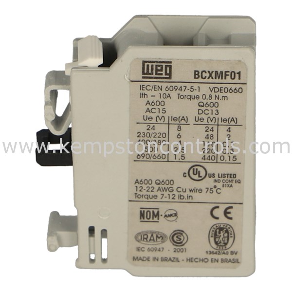 WEG BCXMF01 WEG AUXILIARY CONTACT BLOCK, 1NC, FRONT | Kempston Controls