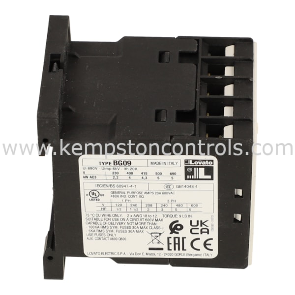Lovato BG0910D024 LOVATO 3P MINI CONTACTOR 9A, 24VDC COIL, 1N/O AUX ...