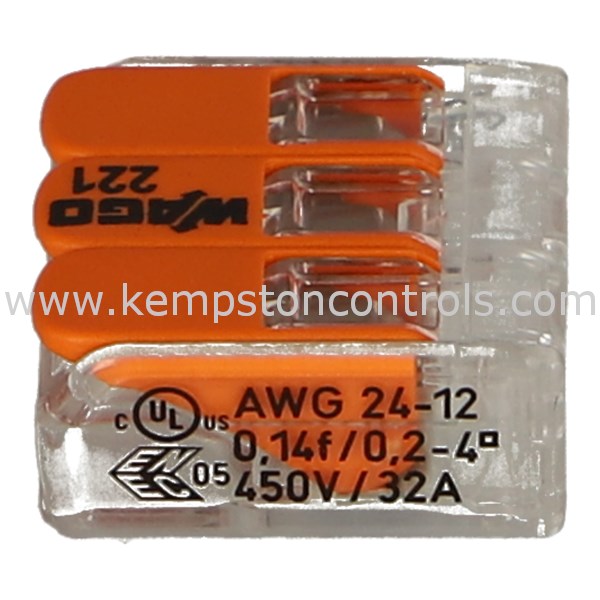 WAGO 221-413 WAGO 4MM² COMPACT SPLICING CONNECTORS, 3-CONDUCTOR ...