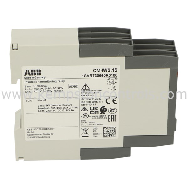 ABB 1SVR730660R0100 ABB INSULATION MONITORING RELAY, 1CO, 1-100KOHM, 24-240VAC/DC | Kempston ...