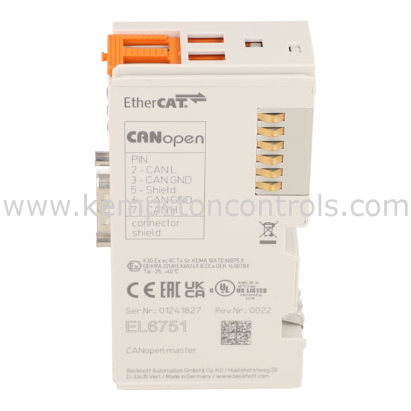 Beckhoff EL6751 BECKHOFF CANOPEN MASTER TERMINAL, 1 CHANNEL COMMUNITCATION INTERFACE, MASTER ...