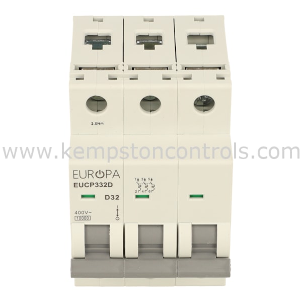 Europa Components EUCP332D EUROPA COMPONENTS MCB, 32A, 3 POLE, 10KA, D CURVE | Kempston Controls