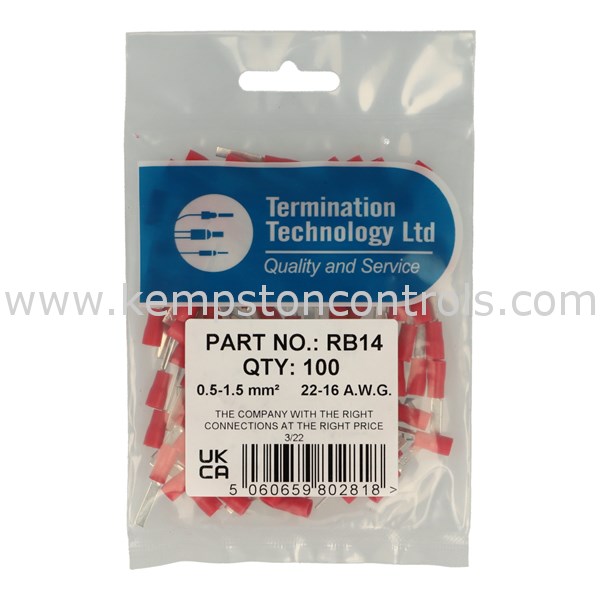 Termination Technology RB14 TT PRE-INSULATED TERMINALS RED BLADE 0.5MM²-1.5MM² CABLE 14MM BLADE ...