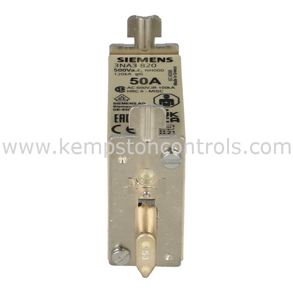 Siemens 3NA3820 SIEMENS FUSE 50A 500V NH000 GLGG | Kempston Controls