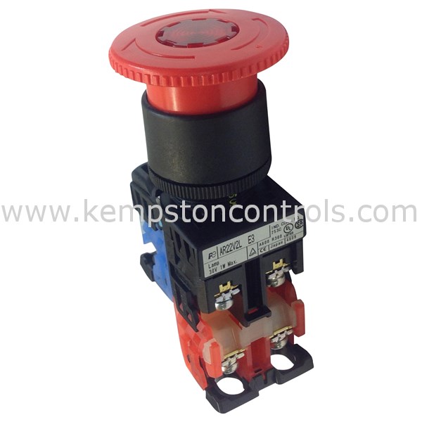 Fuji AR22V2L-11E3R ILLUMINATED PUSHBUTTON EM-STOP PUSH-LOCK, TURN-RESET (40MM DIA) 1NO+1NC 24V ...