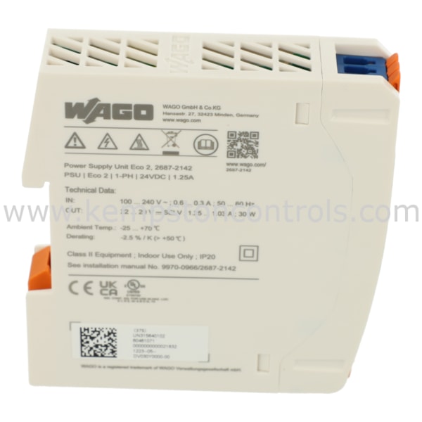 WAGO 2687-2142 WAGO SINGLE PHASE ECO POWER SUPPLY, OUTPUT 24VDC, INPUT ...