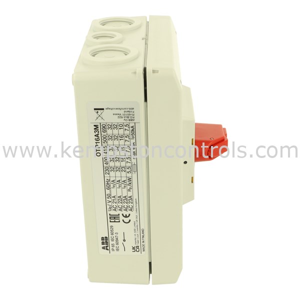 ABB OTP16A3M ABB SAFETY SWITCH, 3 POLE, 415V AC23 16A, 7.5KW, AUXILIARY 1NO, PLASTIC, IP65, RED ...