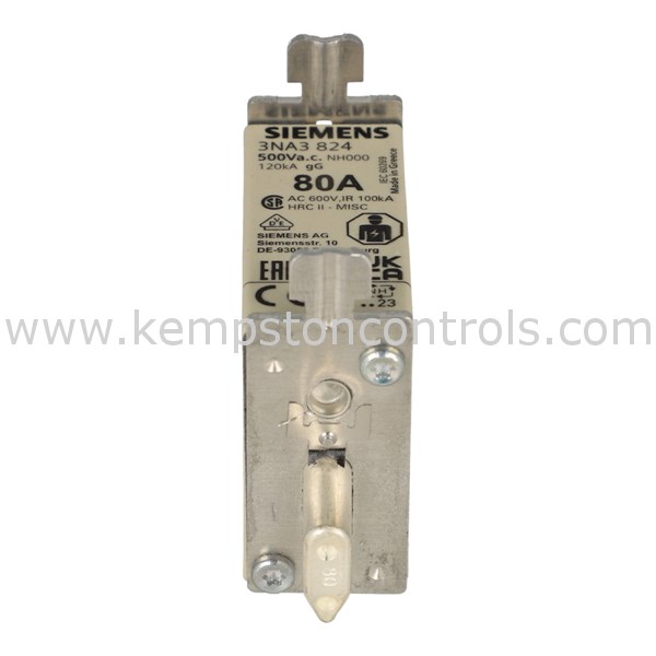 Siemens 3NA3824 SIEMENS V HRC FUSE ELEMENT, NH000, IN: 80 A, GG, UN AC ...