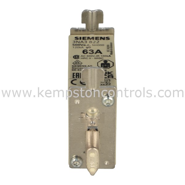 Siemens 3NA3822 SIEMENS HRC FUSE CAT GG SIZE 000 63A | Kempston Controls