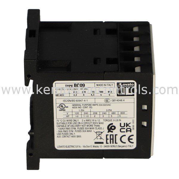 Lovato BG0910A230 MINI CONTACTOR, 9A, 3 POLES, AC3, 1NO AUXILIARY ...