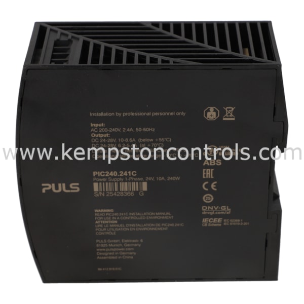 Puls PIC240.241C PULS POWER SUPPLY SING PH INPUT, 24V, 10A | Kempston ...