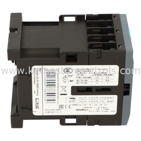 Siemens 3RT2018-1AP01 SIEMENS POWER CONTACTOR, AC-3 16A, 7.5KW/400V 1NO ...